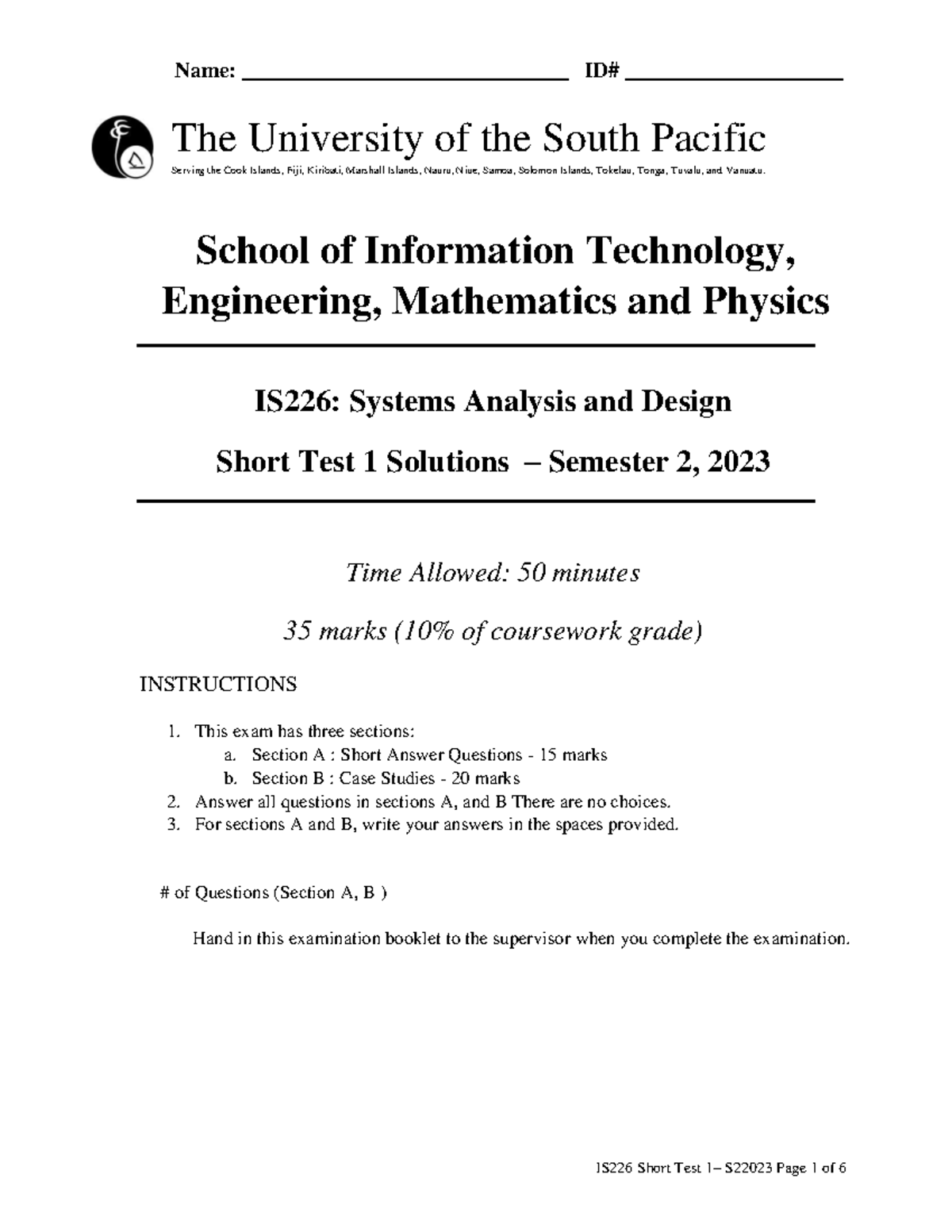 IS226 - Short Test 1 S22023 - Solutions - The University of the South ...