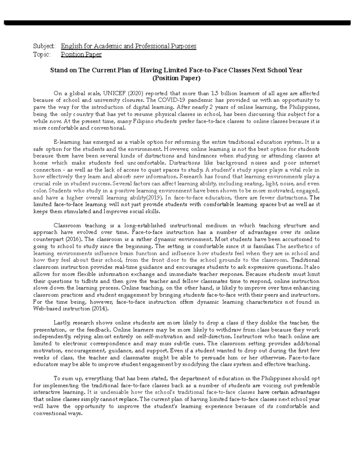 Position Paper - PDF - Subject: English for Academic and Professional ...