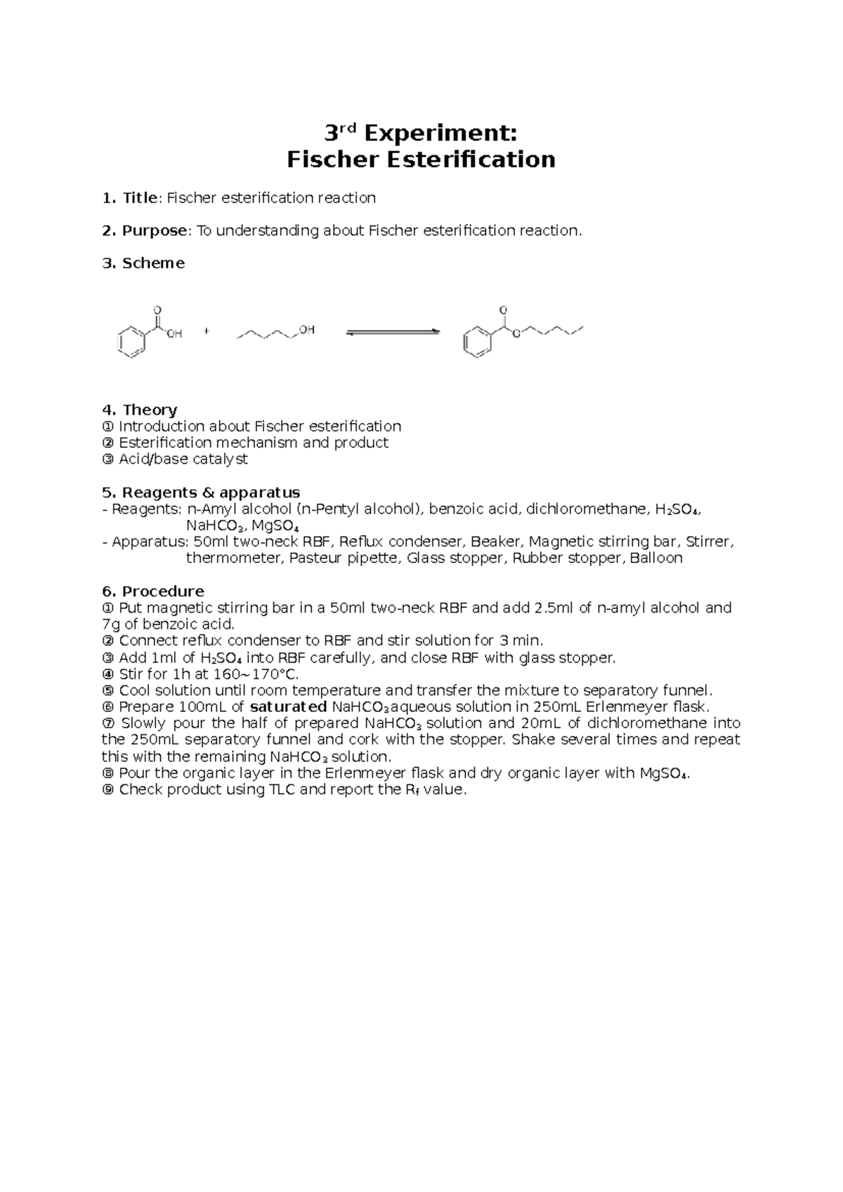 3rd Experiment - Fischer Esterification - 3 rd Experiment: Fischer Esterification Title: Fischer ...