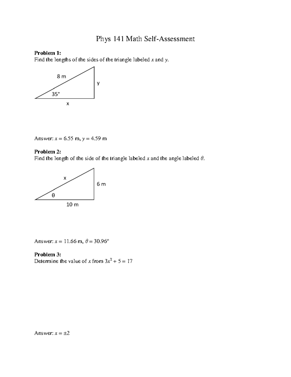 Phys 141 Math Self-Assessment - Answer: Problem 2: Find the length of ...