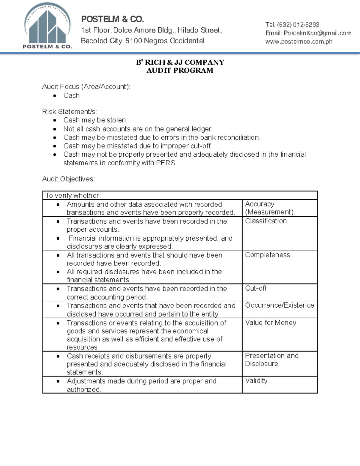 Audit- Program-Cash - Summary - POSTELM & CO. 1st Floor, Dolce Amore ...