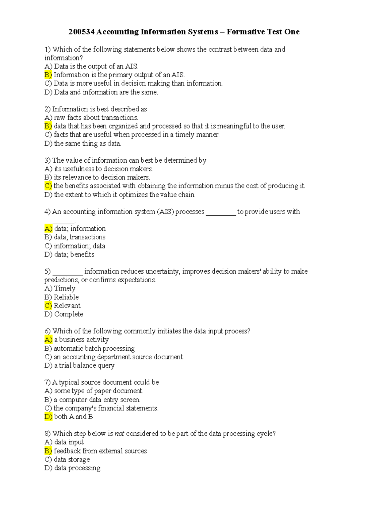 Test 2019, questions and answers - 200534 Accounting Information ...