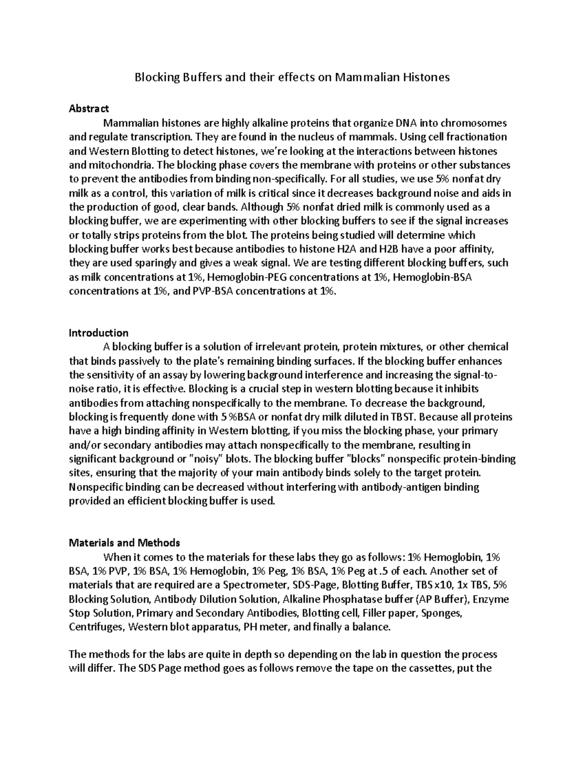 Blocking Buffers and their effects on Mammalian Histones - Blocking Buffers and their effects on ...