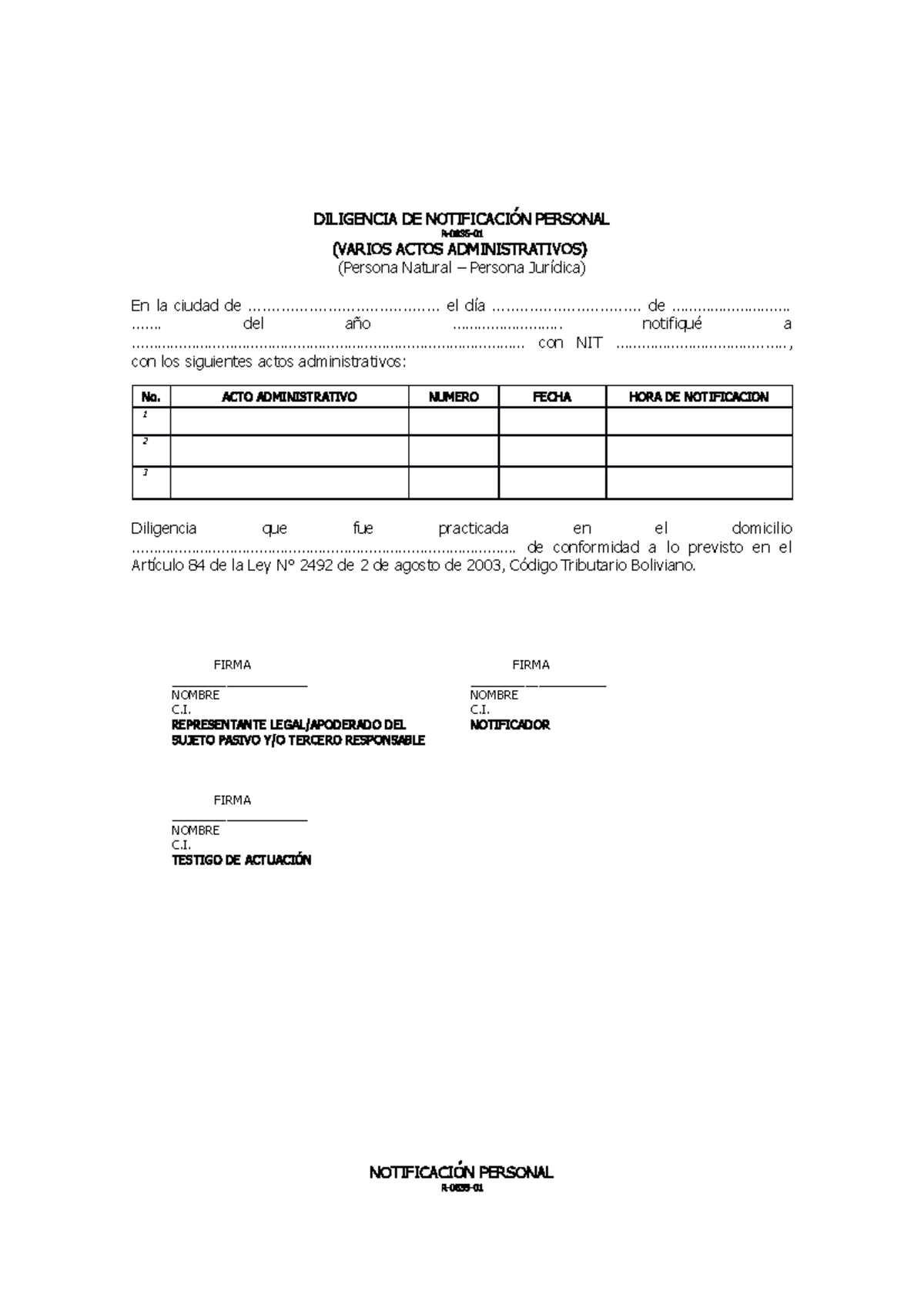 R-0835-01 Notificacion Personal - DILIGENCIA DE NOTIFICACIÓN PERSONAL R ...