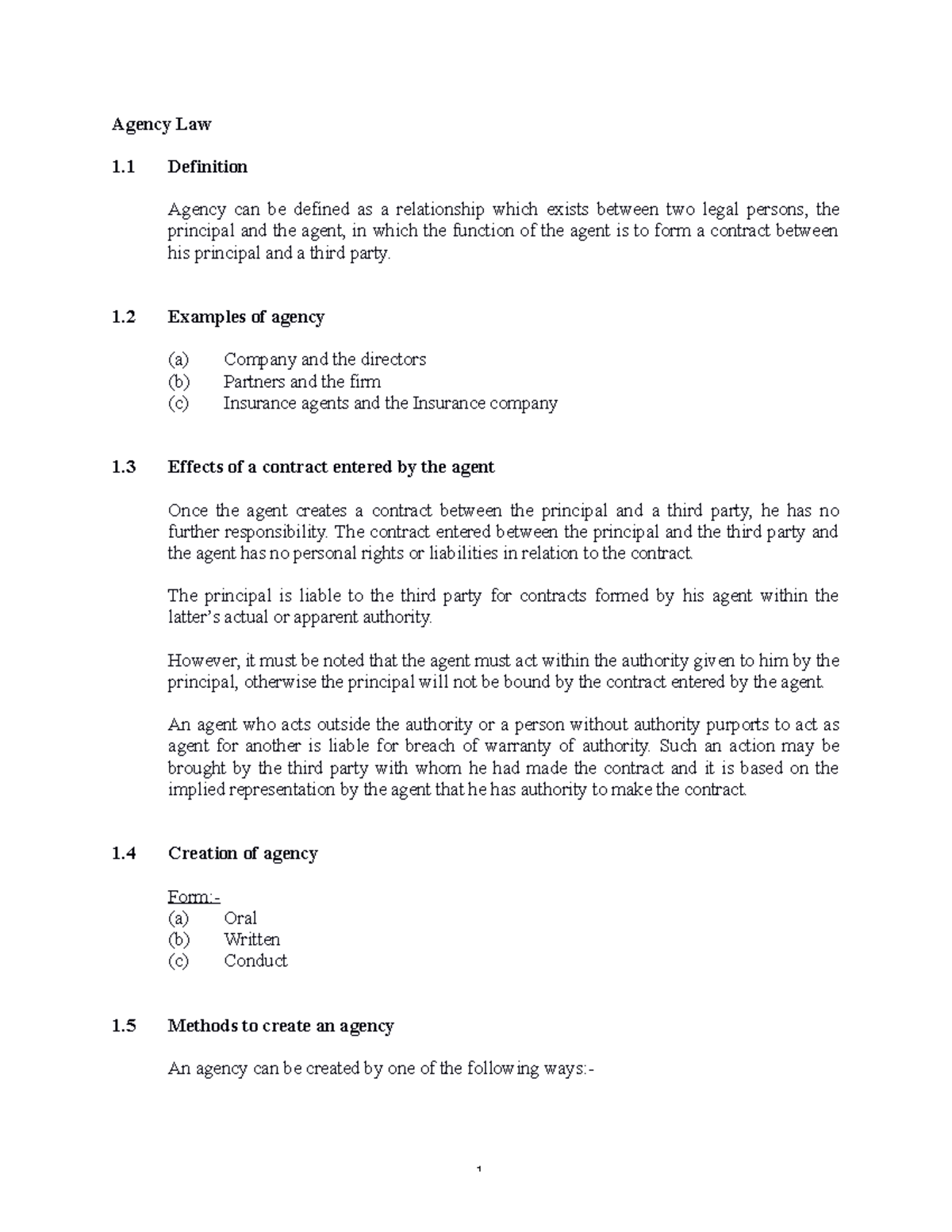 Agency (M) - notes - Agency Law 1 Definition Agency can be defined as a ...