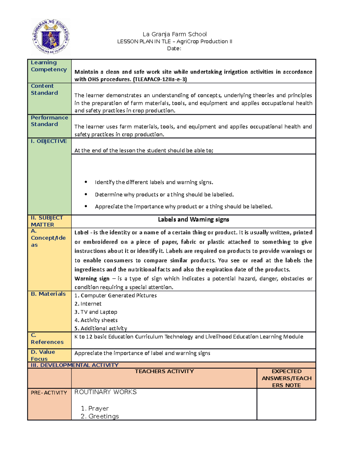 Amolar - nothing - La Granja Farm School LESSON PLAN IN TLE – AgriCrop ...