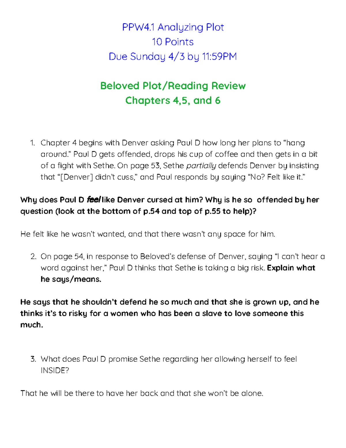 PPW4.1 Analyzing Plot Beloved Chapters 4,5,6 - PPW4 Analyzing Plot 10 ...