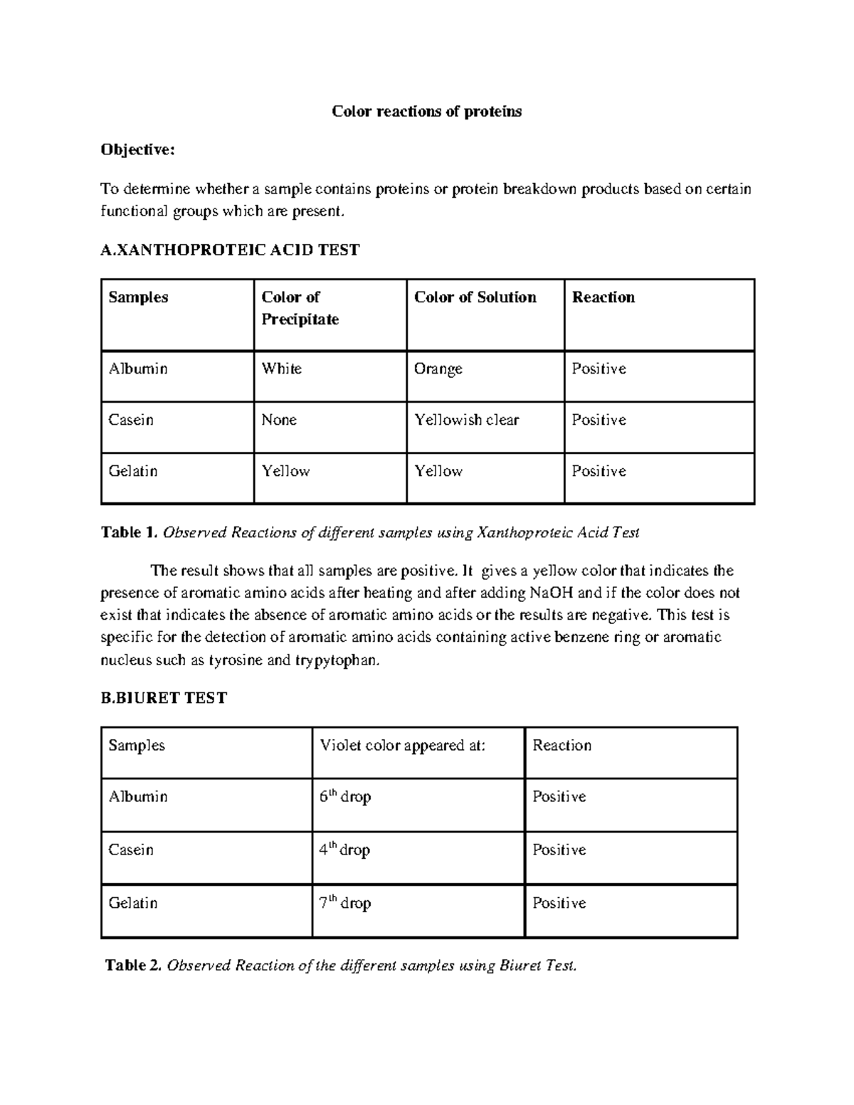 Color reaction laboratory - Color reactions of proteins Objective: To ...