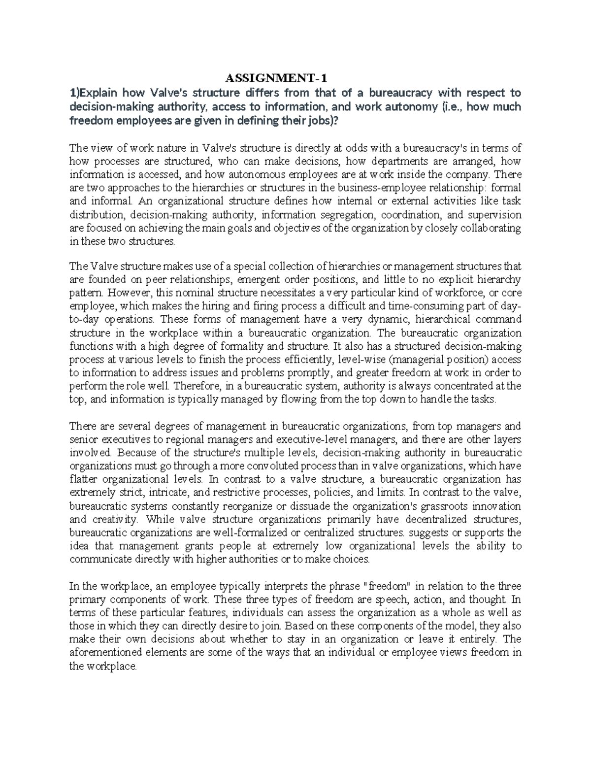 OB Assignment 1 - answers - ASSIGNMENT- 1 1)Explain how Valve's ...