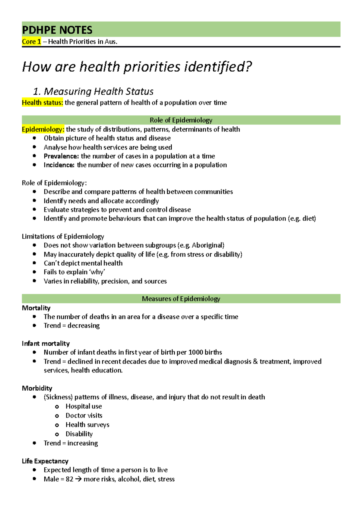 PDHPE Notes: Core 1 - Health priorities in Australia - PDHPE NOTES Core ...