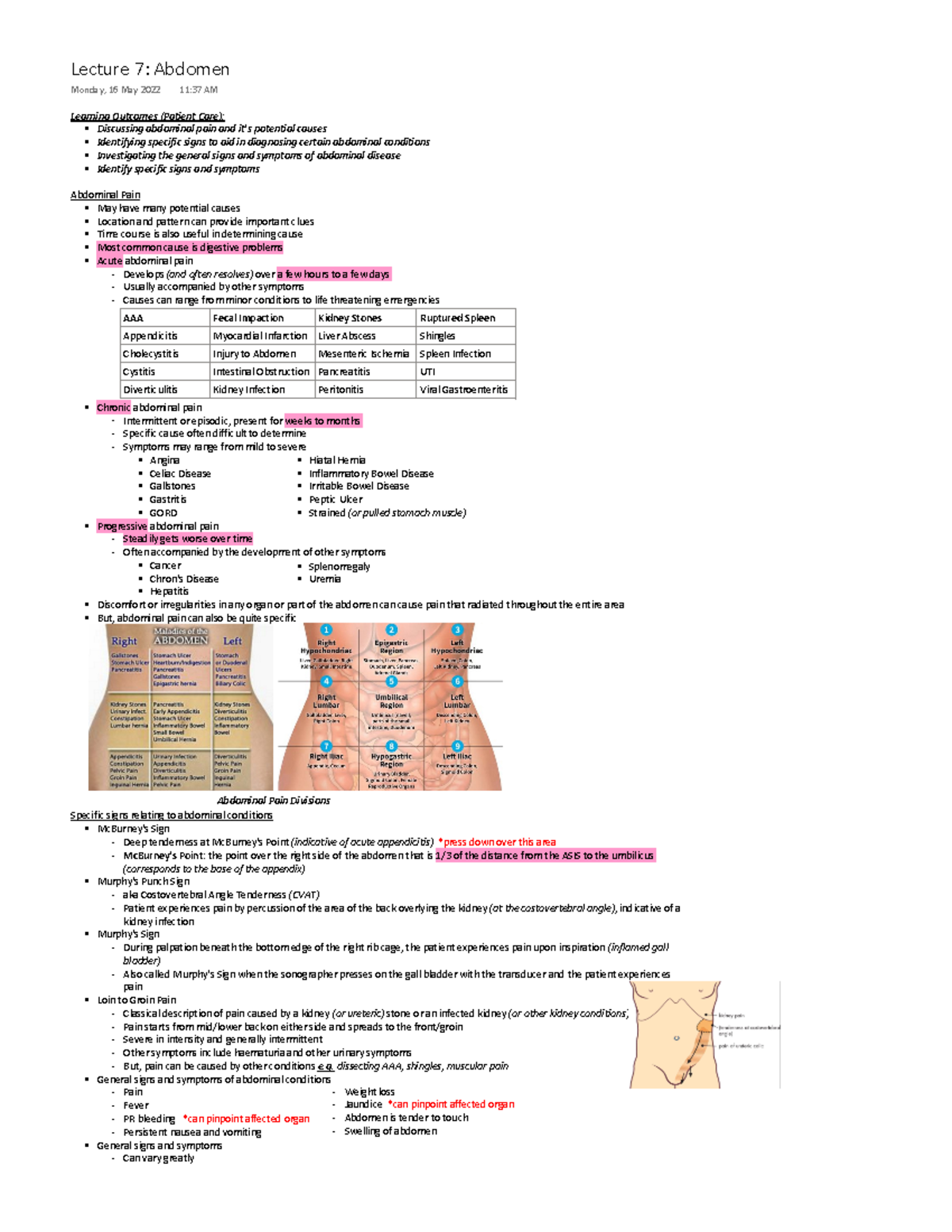 Lec7 - abdomen - ĞĂƌŶŝŶŐ KƵƚĐŽŵĞƐ ;WĂƚŝĞŶƚ ĂƌĞͿ͗ - Studocu