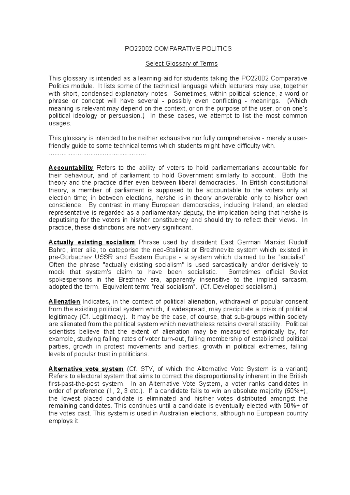 Glossary of political science terms - PO22002 COMPARATIVE POLITICS ...