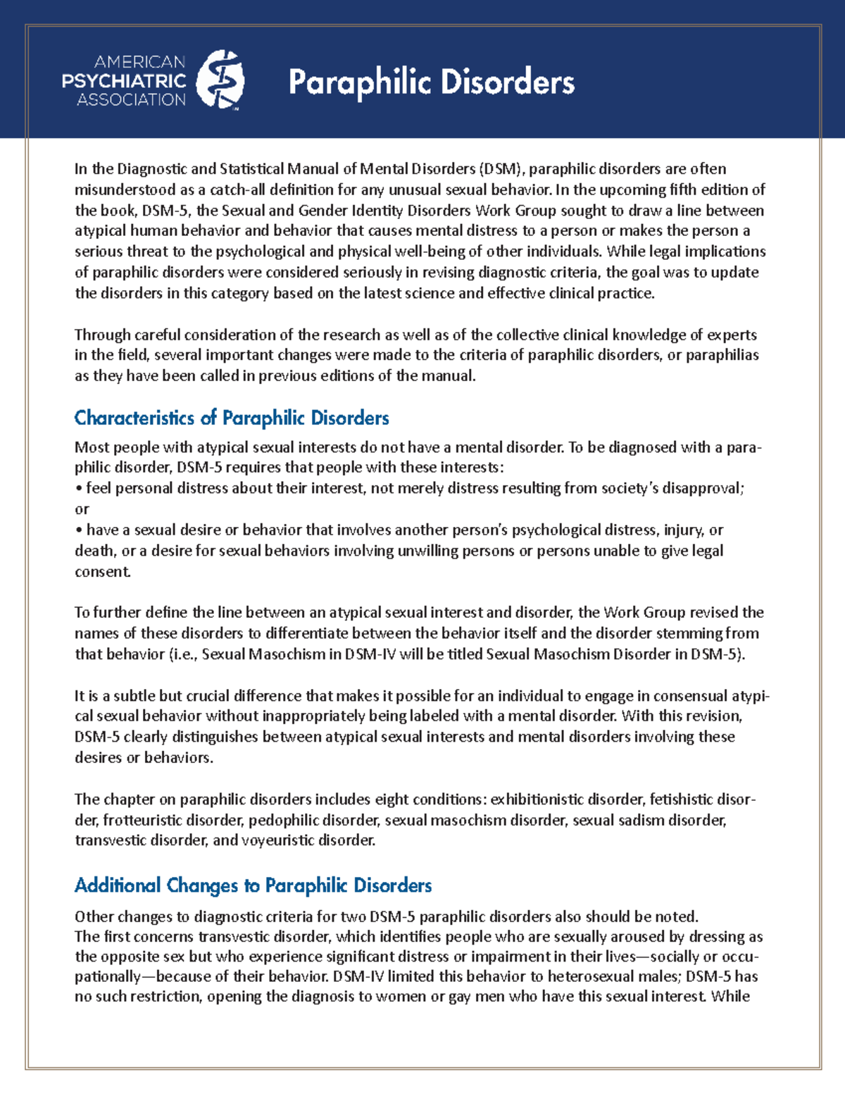 Apa Dsm 5 Paraphilic Disorders Paraphilic Disorders In The Diagnostic