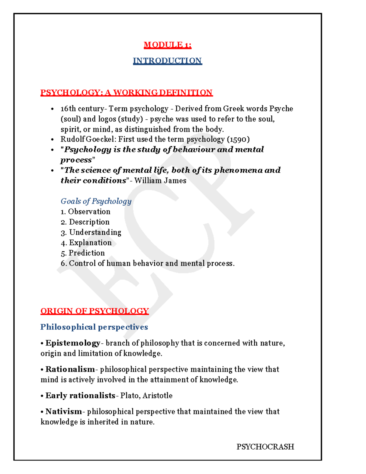 Psychology- sem1 mod1 - MODULE 1: INTRODUCTION PSYCHOLOGY: A WORKING ...