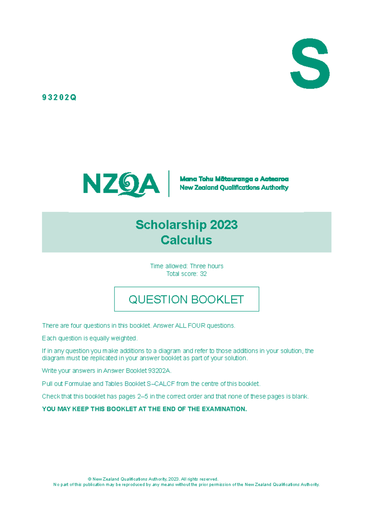 2023 Level 3 Styled Scholarship Calculus Paper - S © New Zealand ...