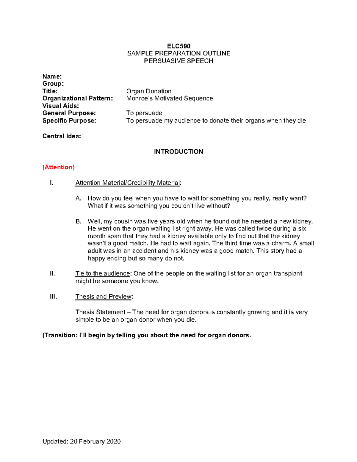 WEEK 10 ELC590 Persuasive Speech Outline Sample 1 - ELC SAMPLE ...