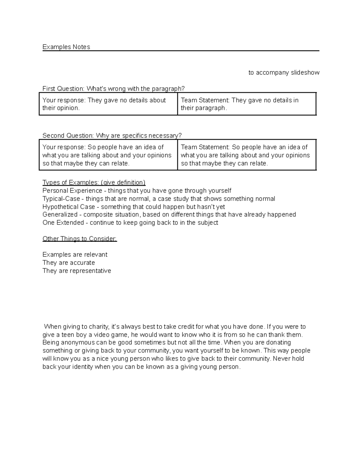 Examples Notes Comp I - Examples Notes to accompany slideshow First ...