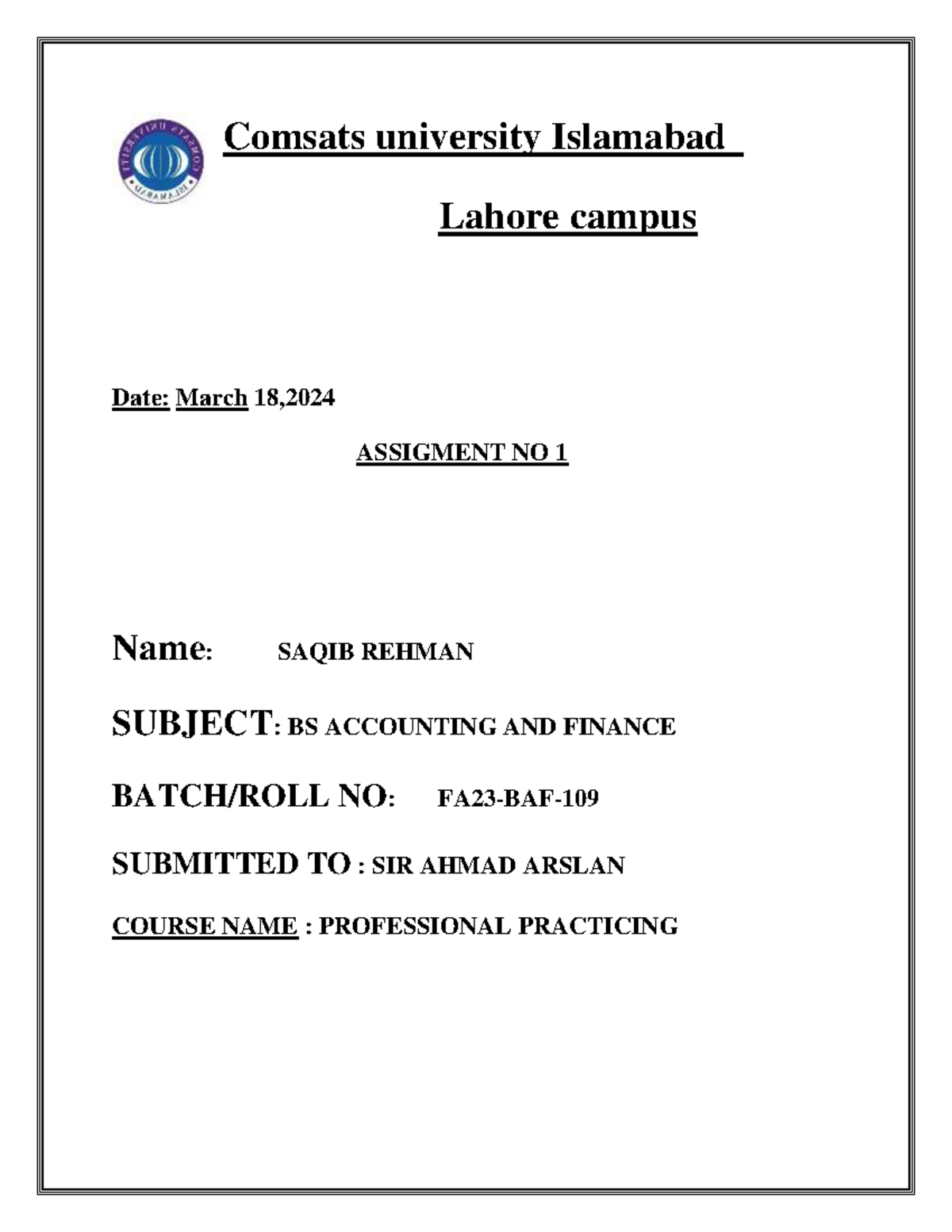 12345678aaaaassssss - Comsats university Islamabad Lahore campus Date ...