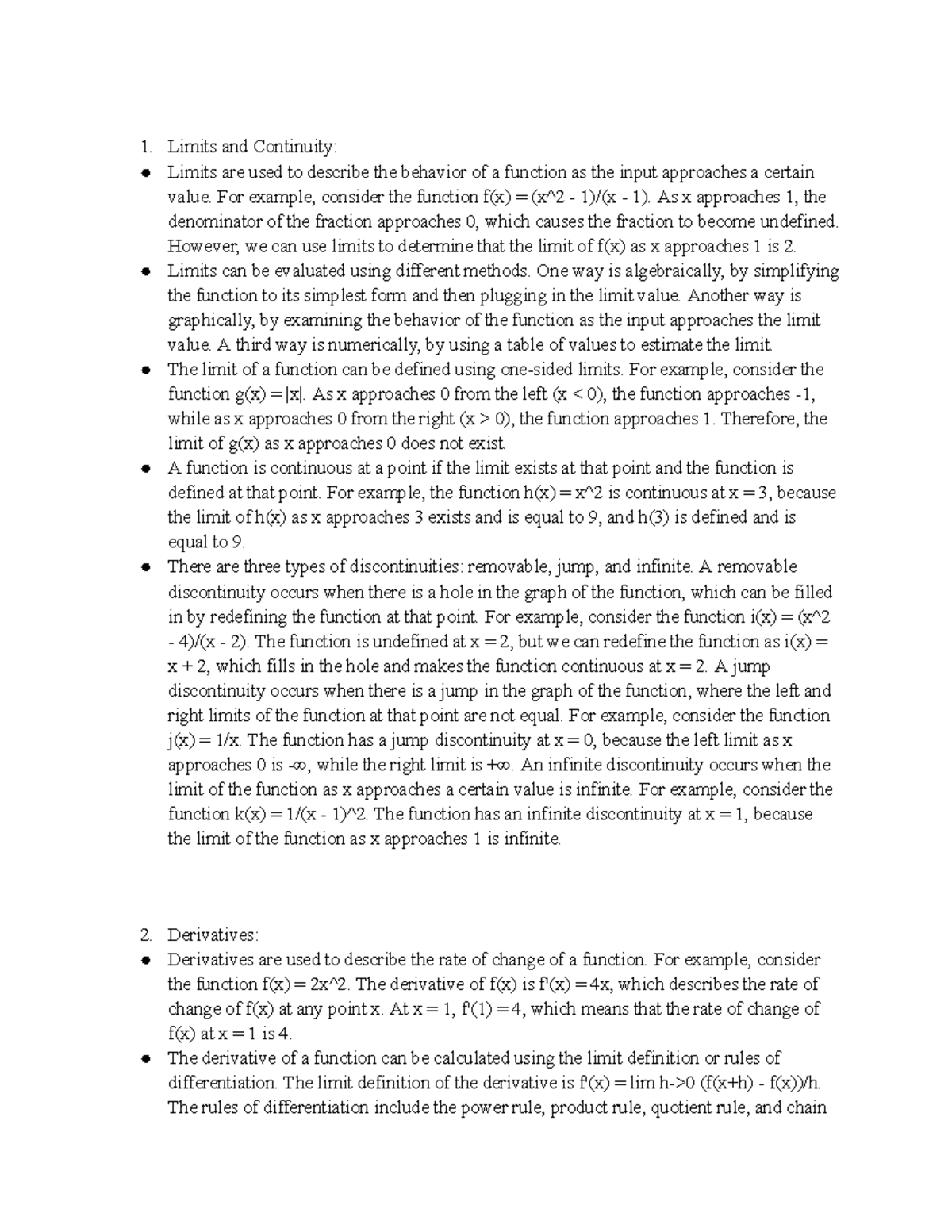 Calculus 1 2 Notes Part 1 - Limits and Continuity: Limits are used to ...