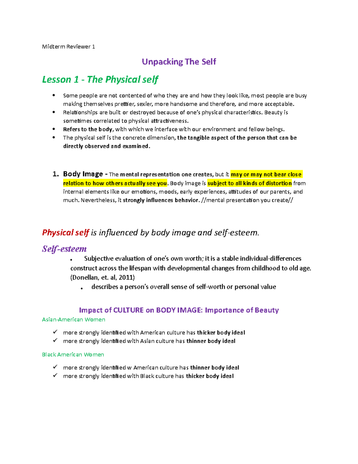 Unpacking the Self - Midterm Reviewer 1 Unpacking The Self Lesson 1 - The Physical self Some ...