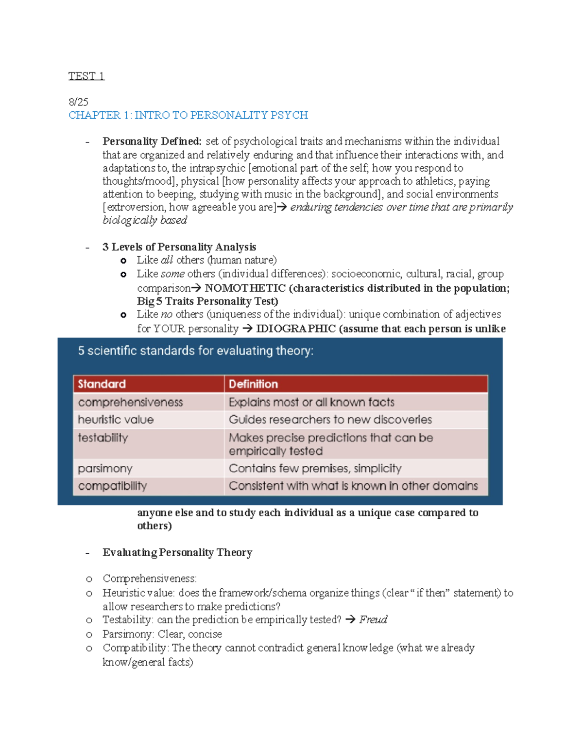 TEST 1 Notes - TEST 1 8/ CHAPTER 1: INTRO TO PERSONALITY PSYCH ...