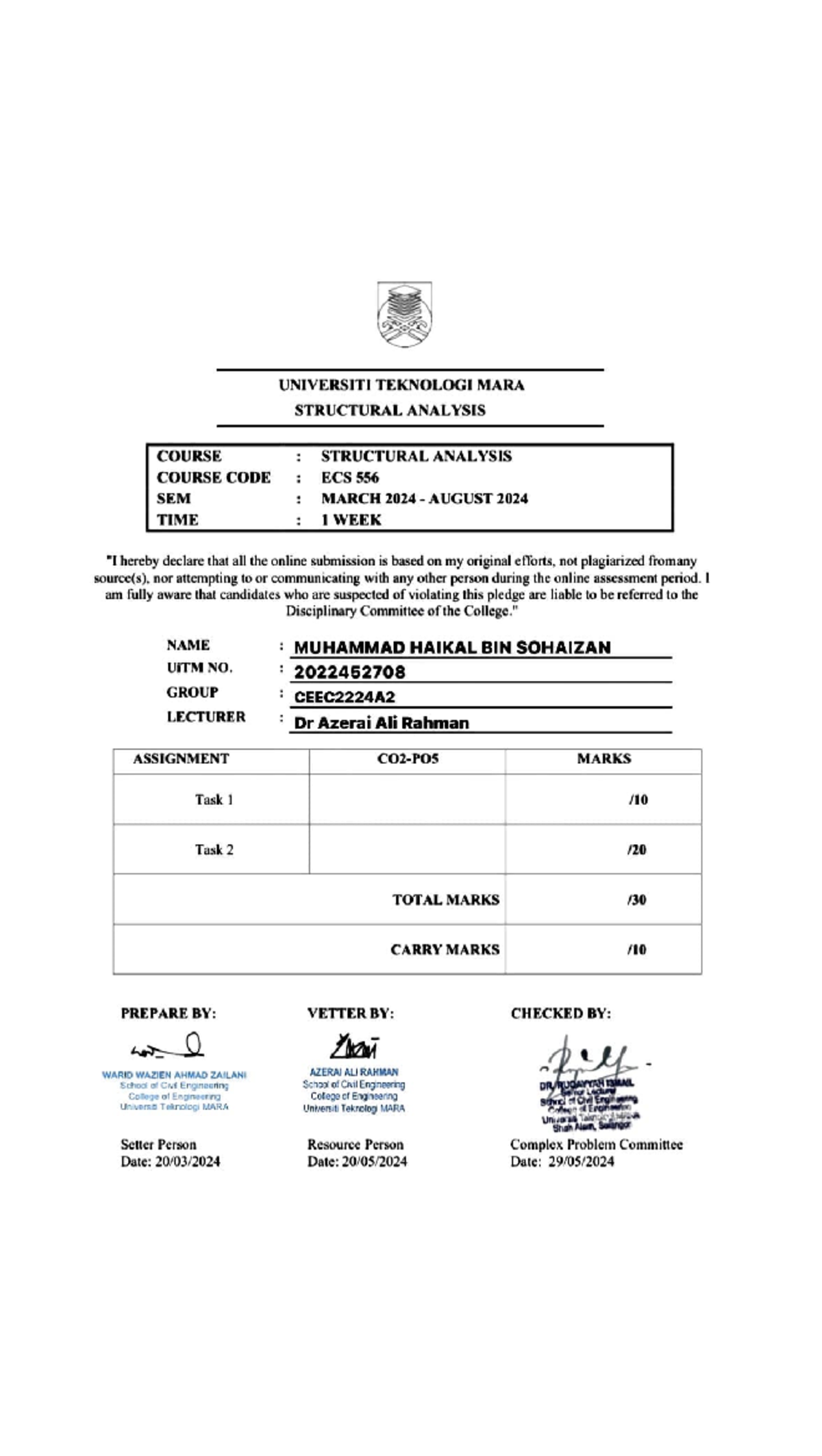 Assignment ECS556 - Structure Mechanic - Studocu