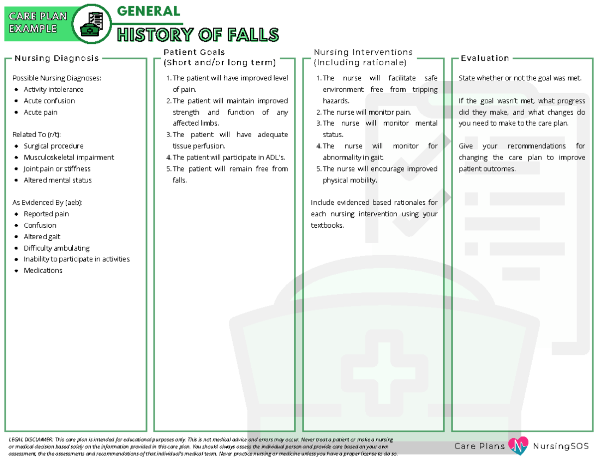 Example - Care Plan - History of Falls - C a r e P l a n s N u r s i n ...