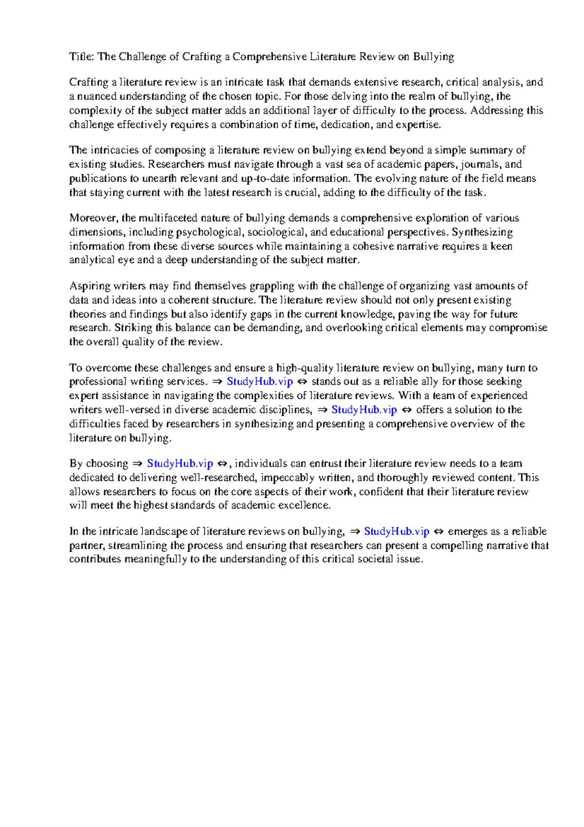 Literature Review Example Bullying - Title: The Challenge of Crafting a ...