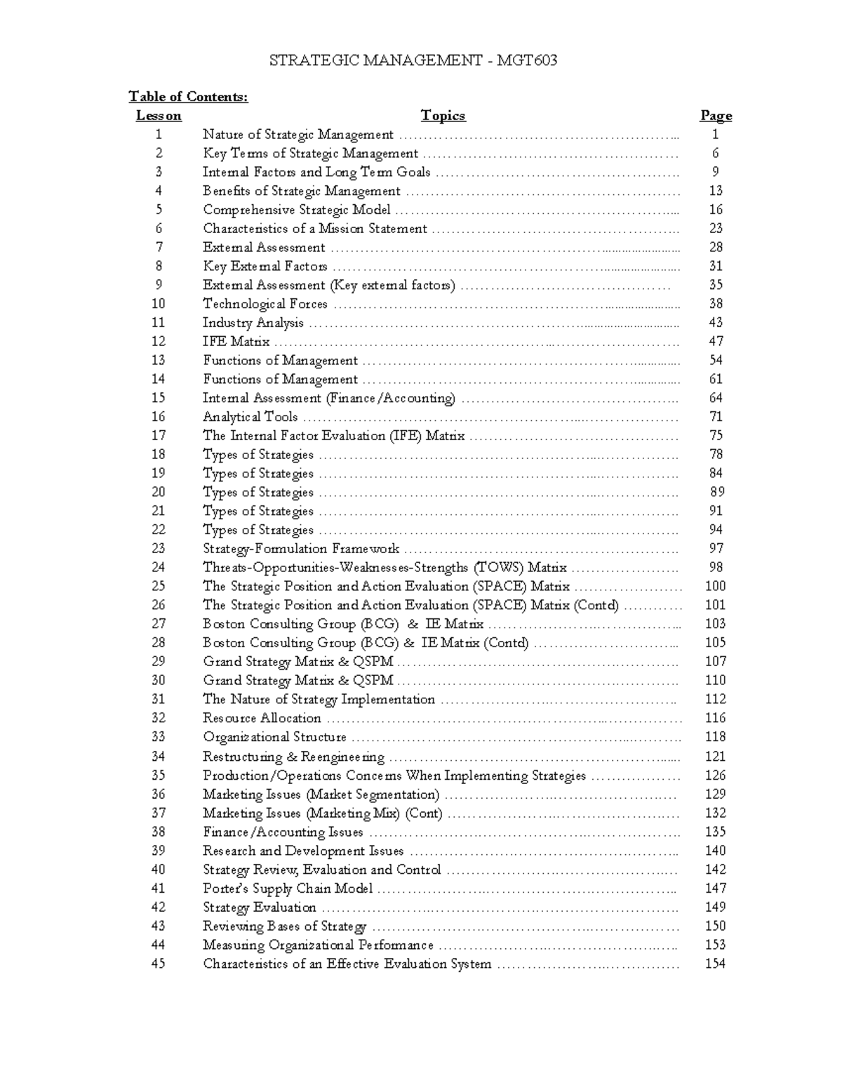 TOC Strategic Management MGT603 - Table of Contents: Lesson No. Topics ...