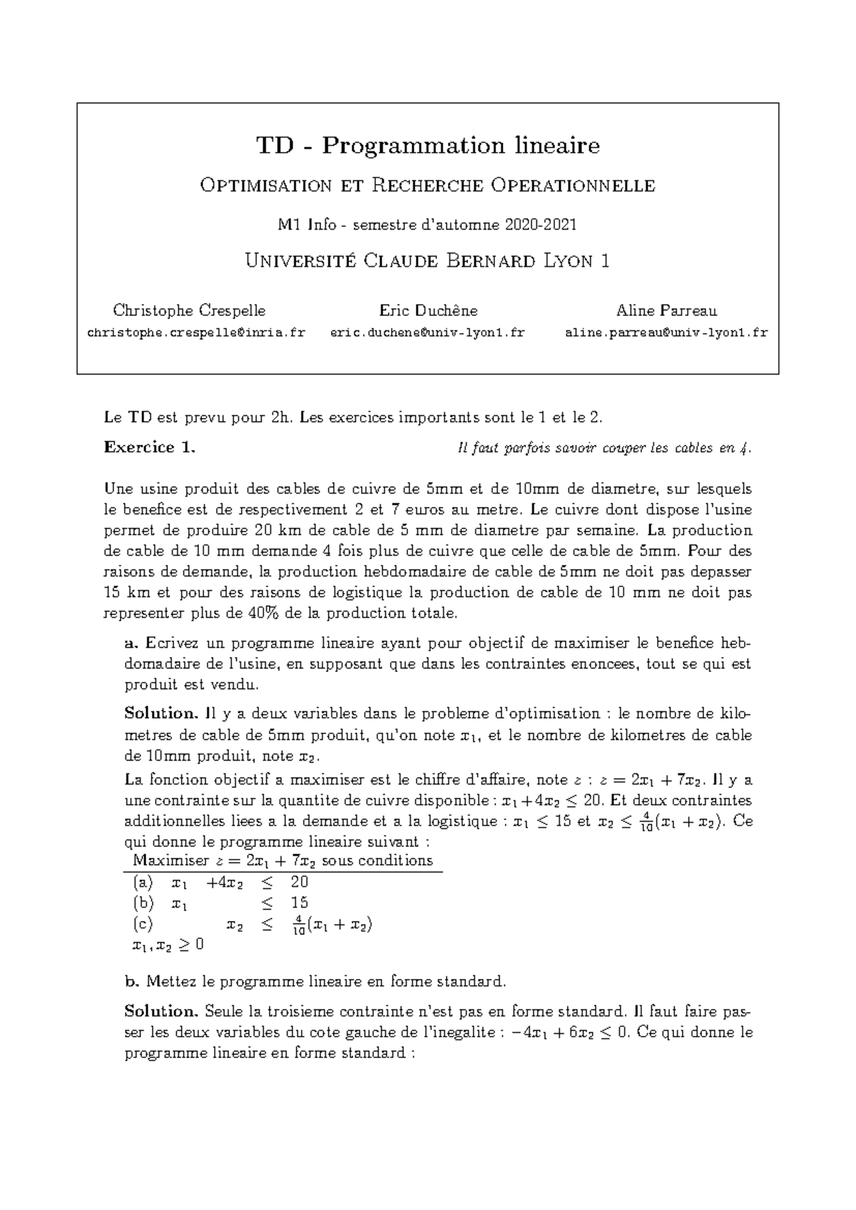 TD4-corrige - this is a course - TD - Programmation lineaire Optimisation et Recherche - Studocu