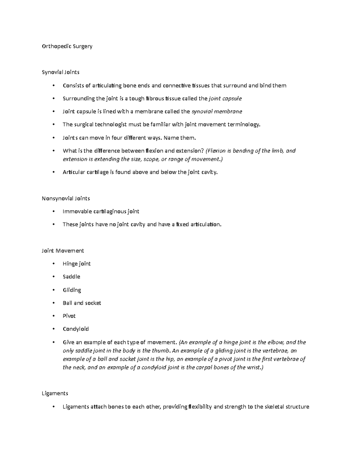 Lecture Notes 9 - Orthopedic Surgery Synovial Joints - Consists of ...
