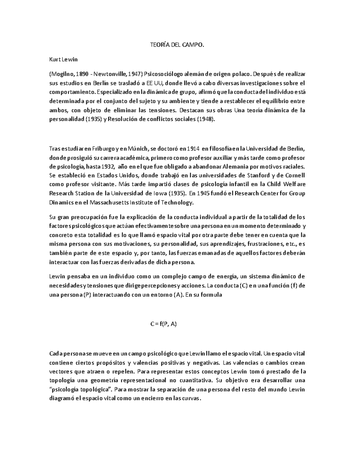 Teoria de campo - ........ - TEORÍA DEL CAMPO. Kurt Lewin (Mogilno ...