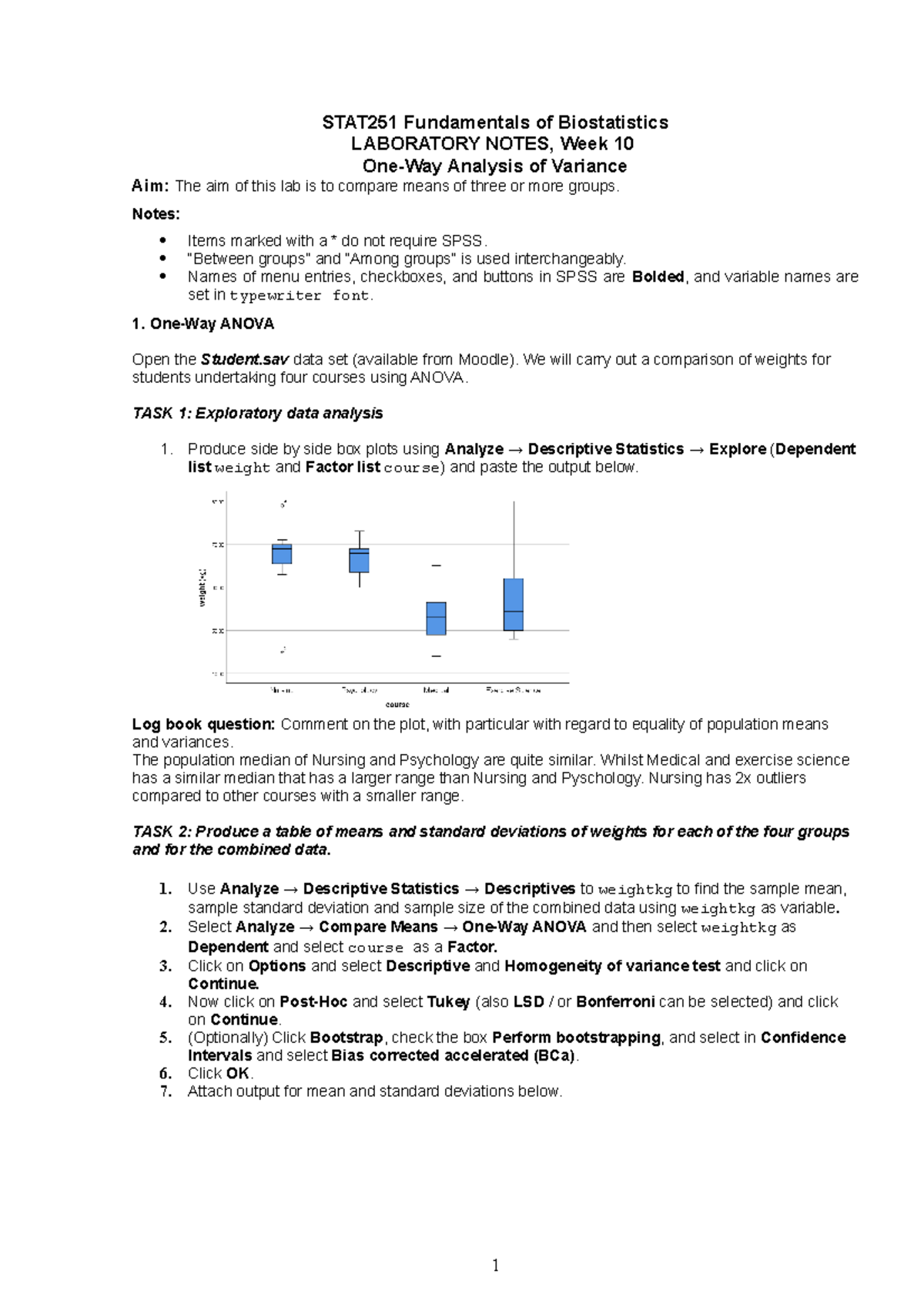 Week 10 Lab Week 10 Lab Stat251 Fundamentals Of Biostatistics Laboratory Notes Week 10 One