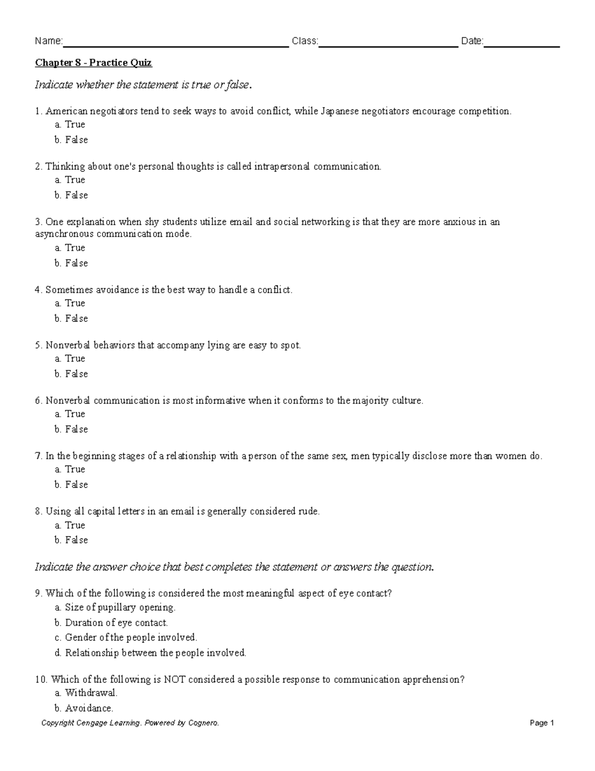 Psych 2035 Chapter 8 Practice Quiz - Name: Class: Date: Chapter 8 - Practice Quiz Indicate ...