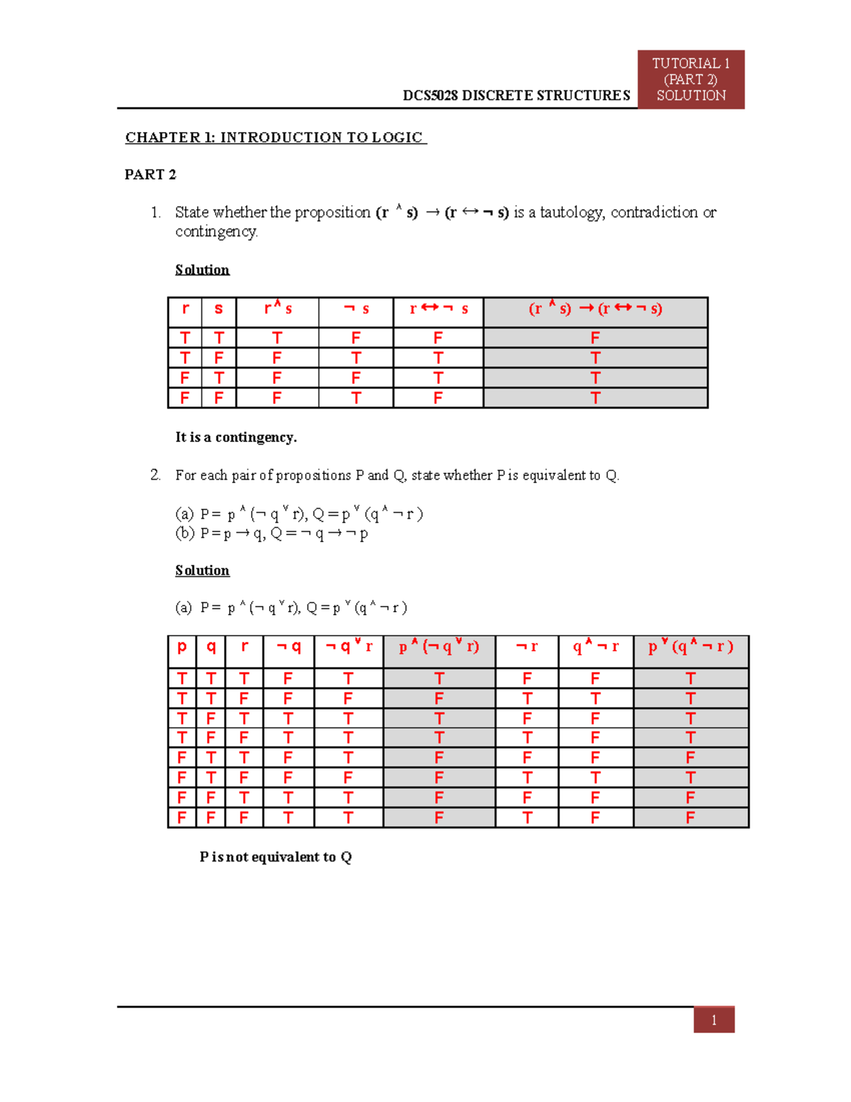 Tutorial 1 (Part 2) sol - Question and Solution - DCS5028 DISCRETE ... Tutorial 1 (Part 2) sol - Question and Solution - DCS5028 DISCRETE ...