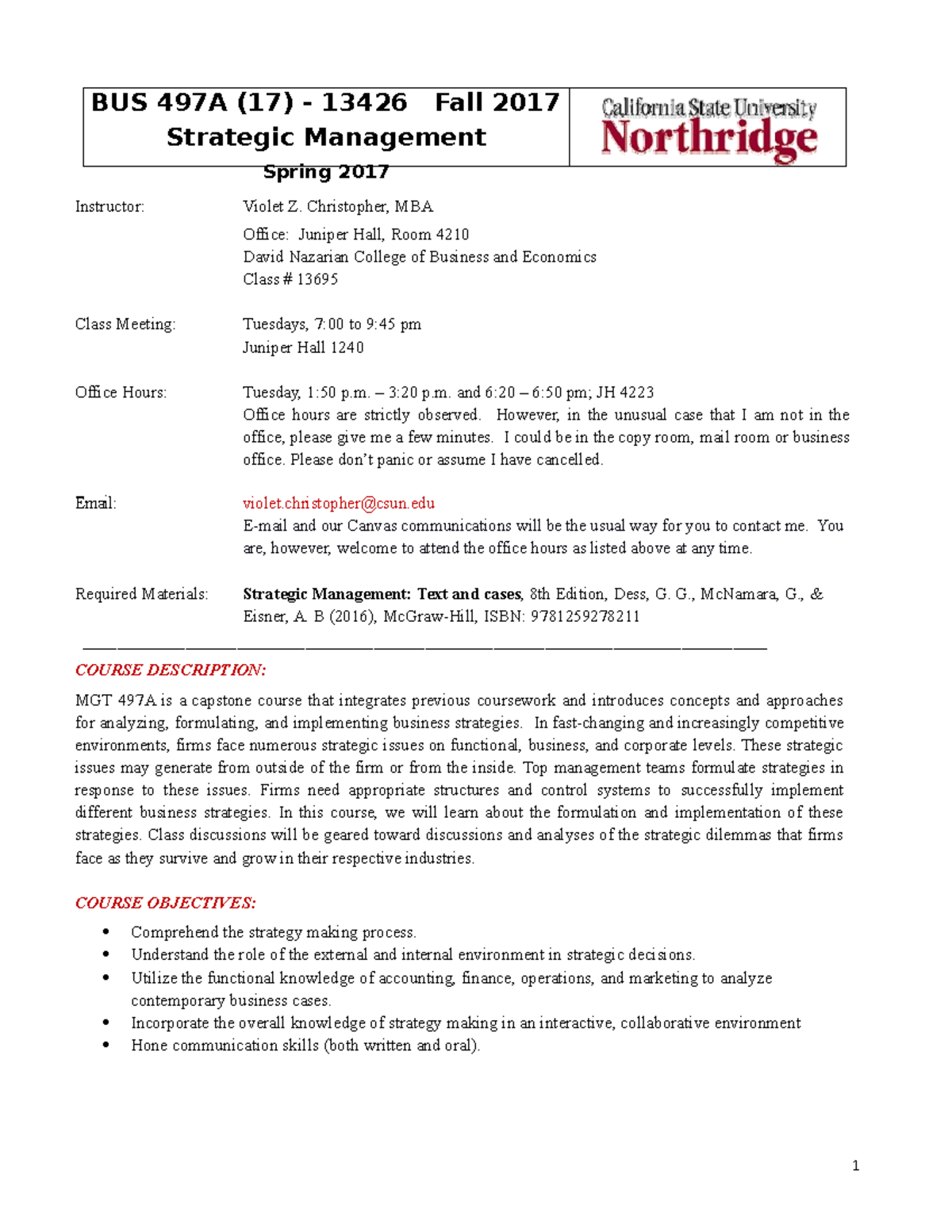 BUS 497A-13426 Christopher Fall 17 Syllabus Rev 1 - BUS 497A (17) 13426 ...