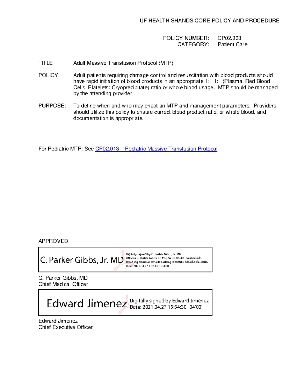 Transfusion protocol - notes - UF HEALTH SHANDS CORE POLICY AND ...
