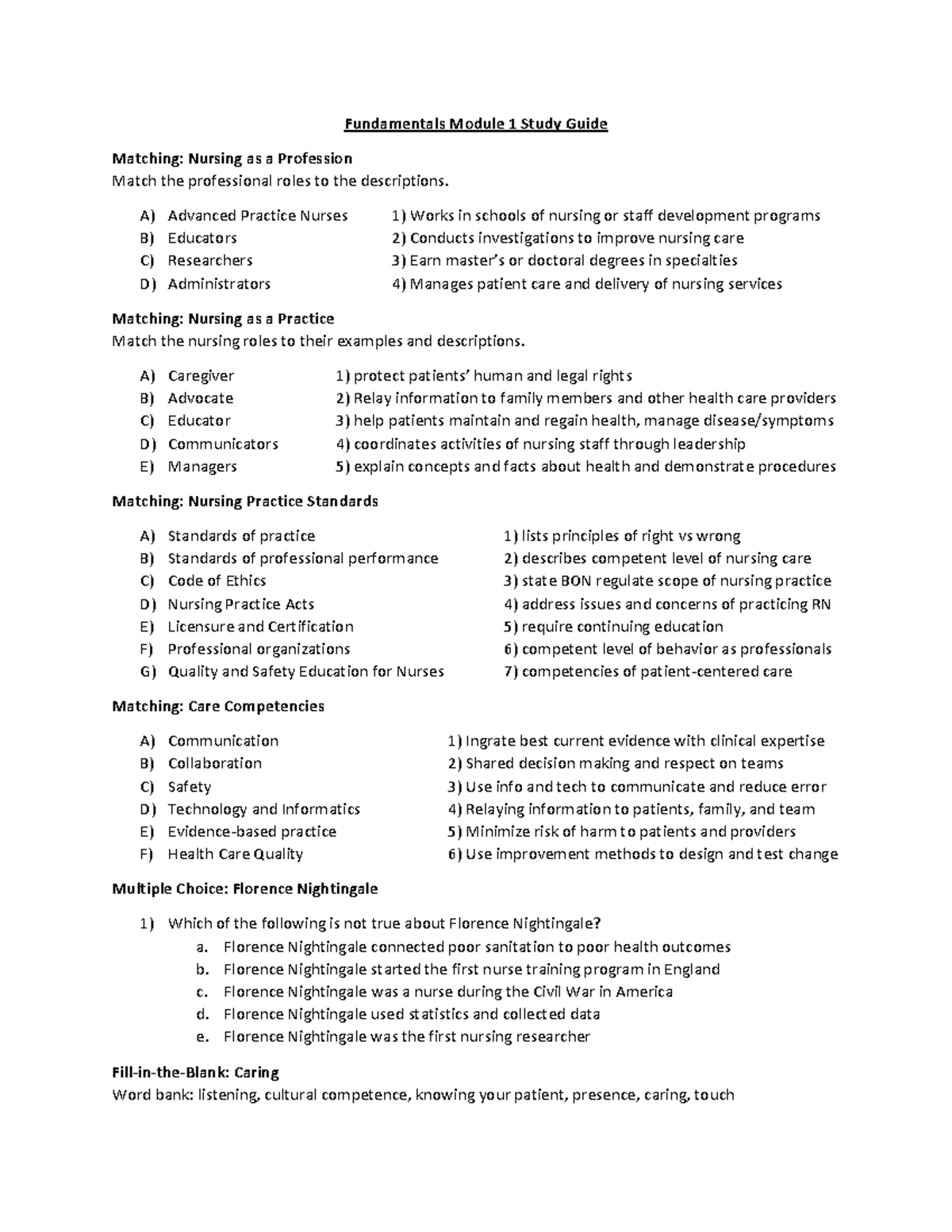 Fundamentals of Nursing Cumulative Study Guide - Fundamentals Module 1 ...