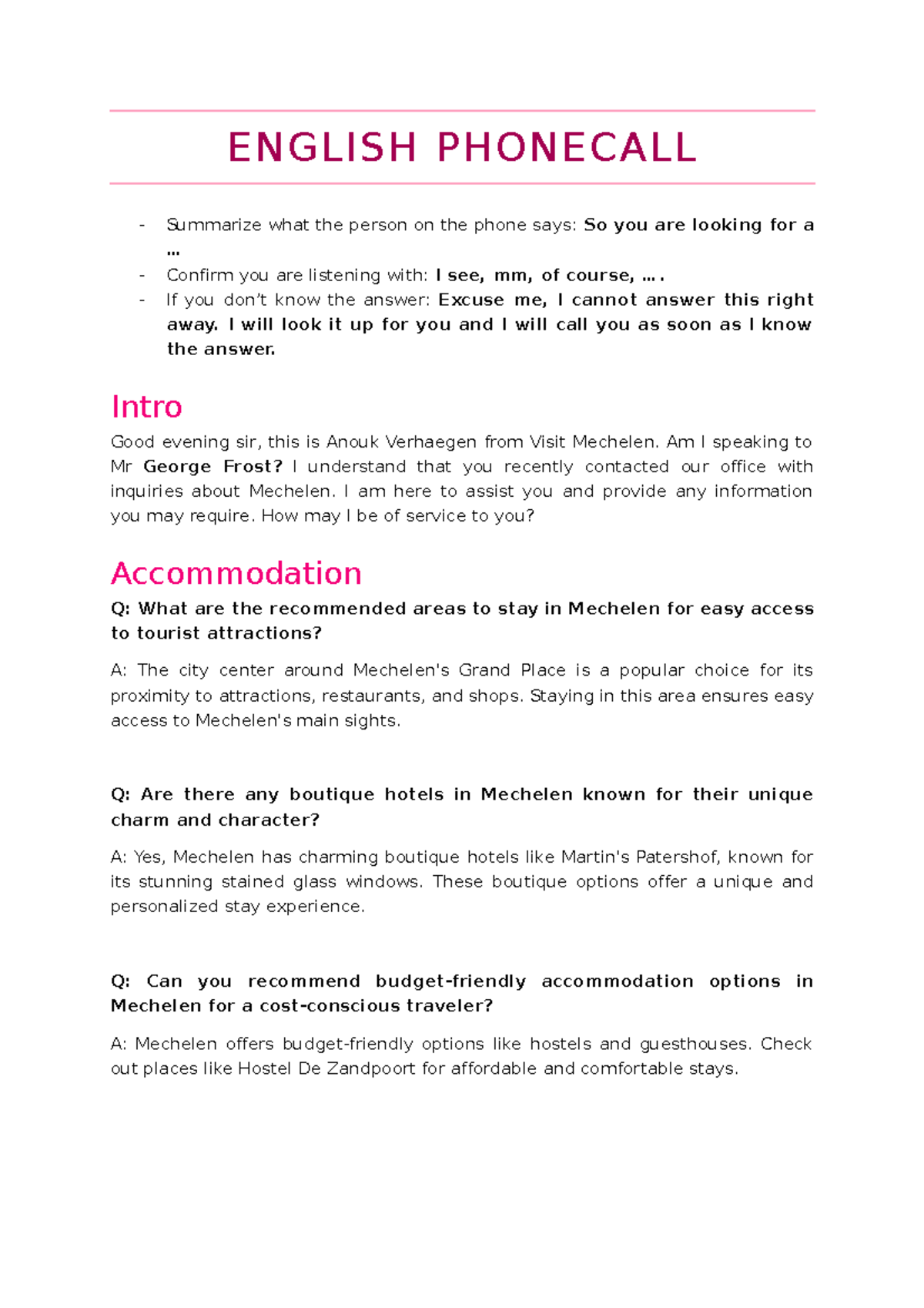 English Phonecall preparation - ENGLISH PHONECALL Summarize what the ...