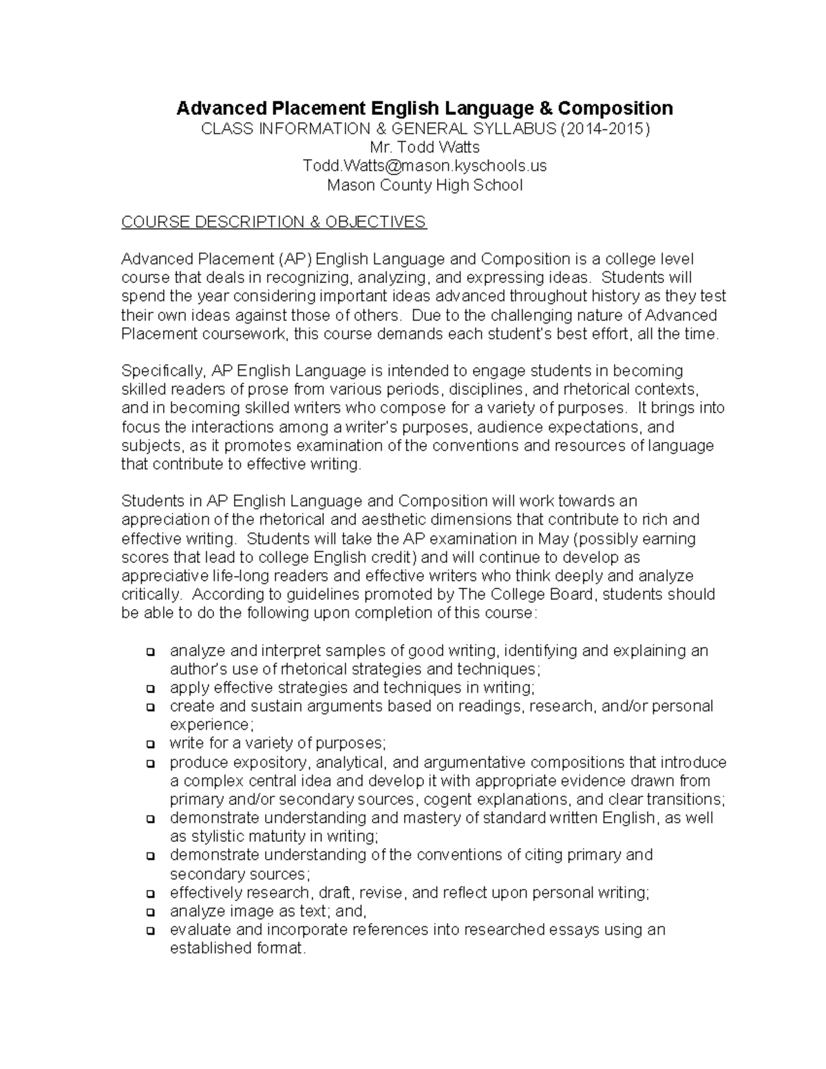 Ap english language & composition syllabus - Advanced Placement English ...