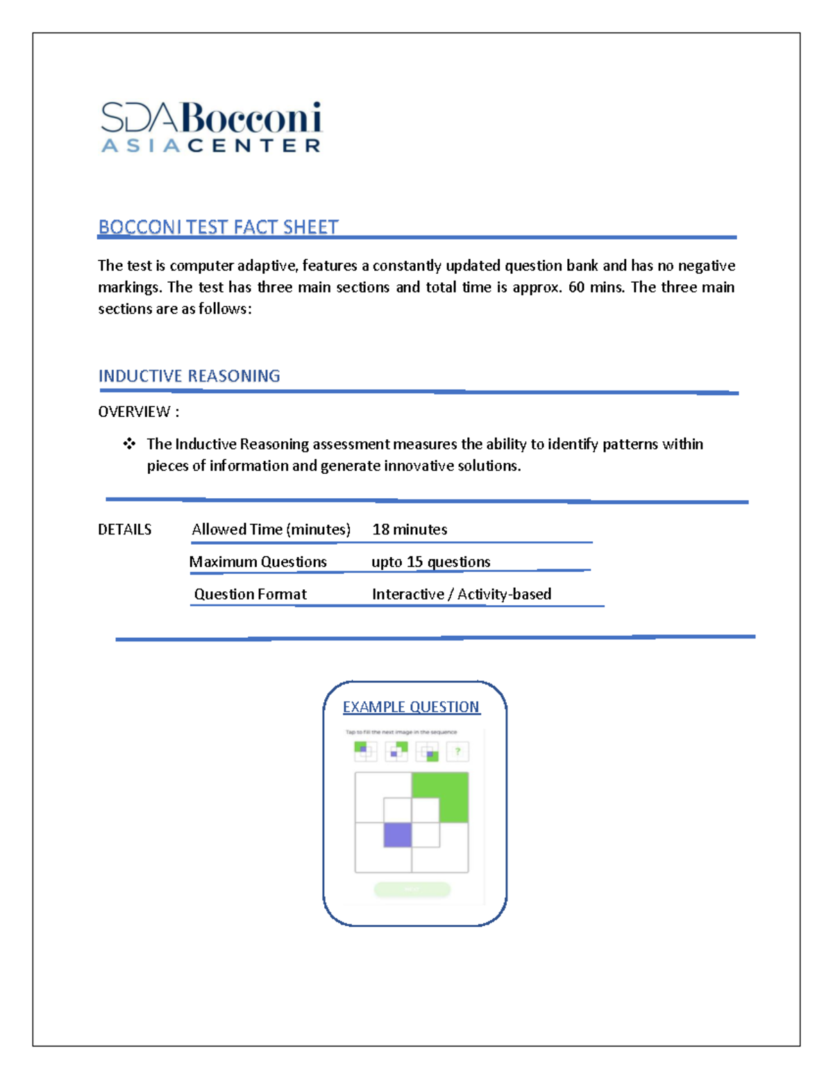 Bocconi Test - Factsheet - BOCCONI TEST FACT SHEET The test is computer ...