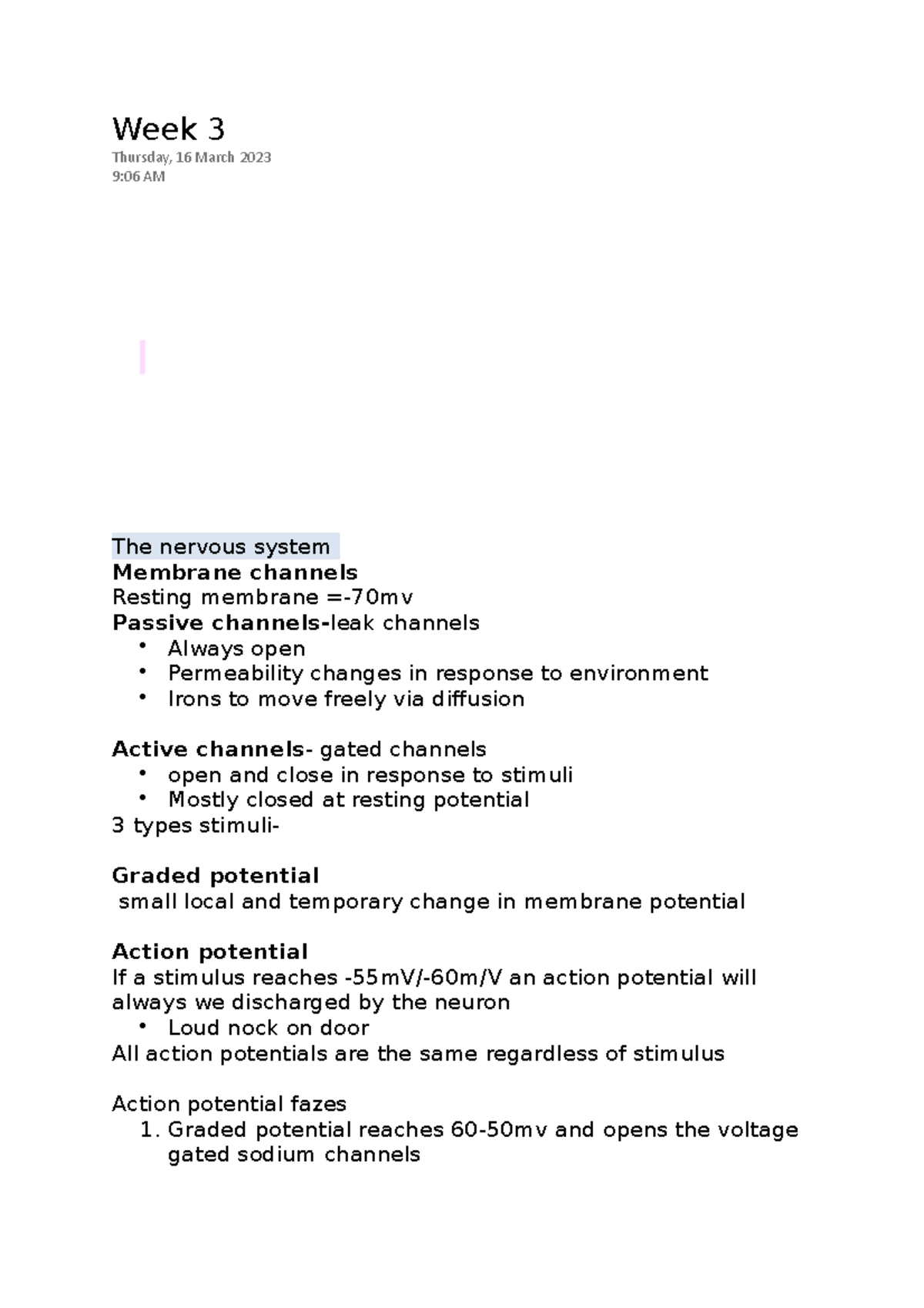 Week 3 - 2023 Muscular system tutorial - Week 3 Thursday, 16 March 2023 9:06 AM The nervous ...