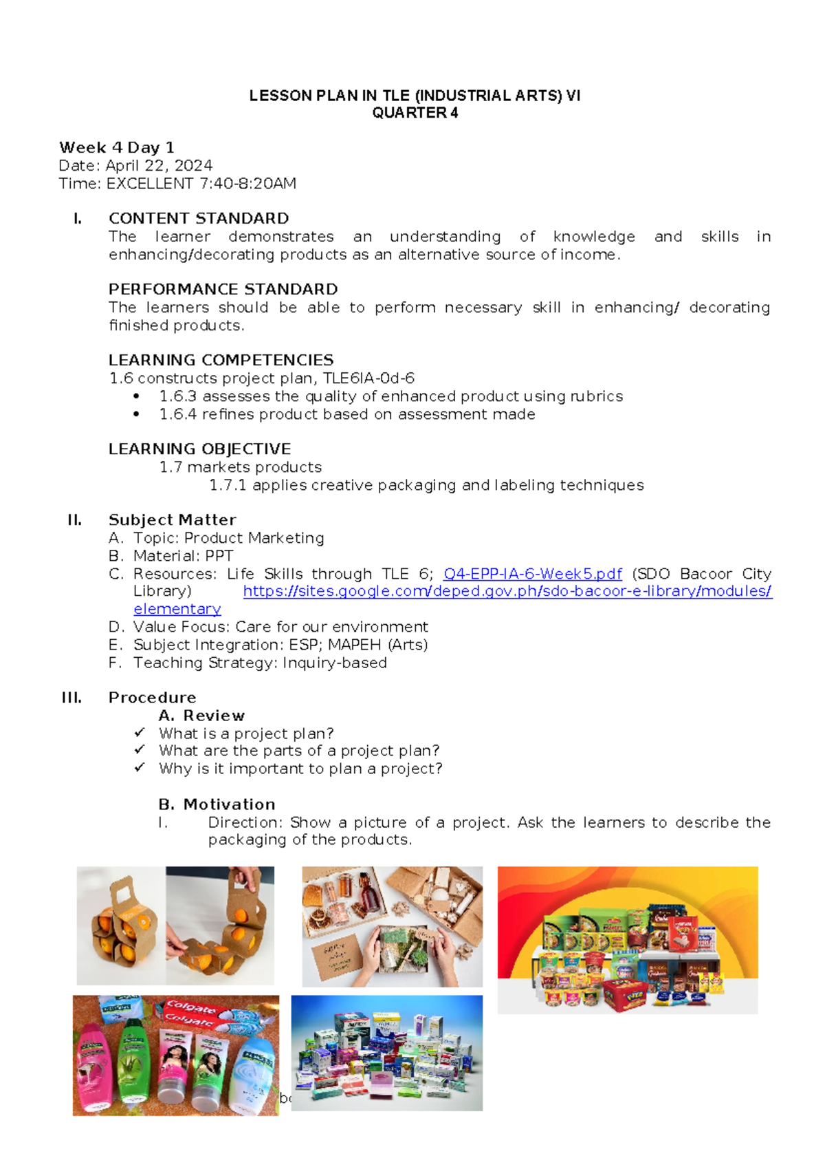 LP TLE6 Q4 WEEK 4 DAY 1 Product Labelling - LESSON PLAN IN TLE ...