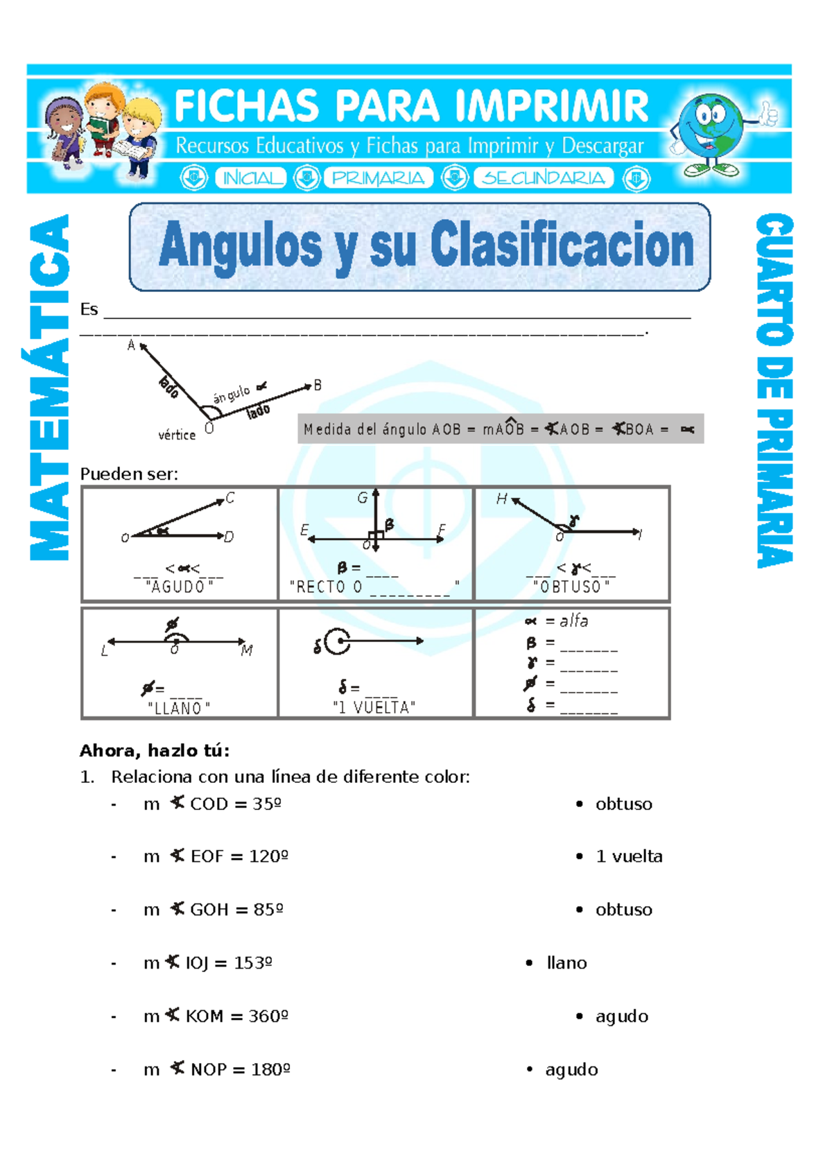 Angulos y su Clasificacion para Cuarto de Primaria - ####### Es - Studocu