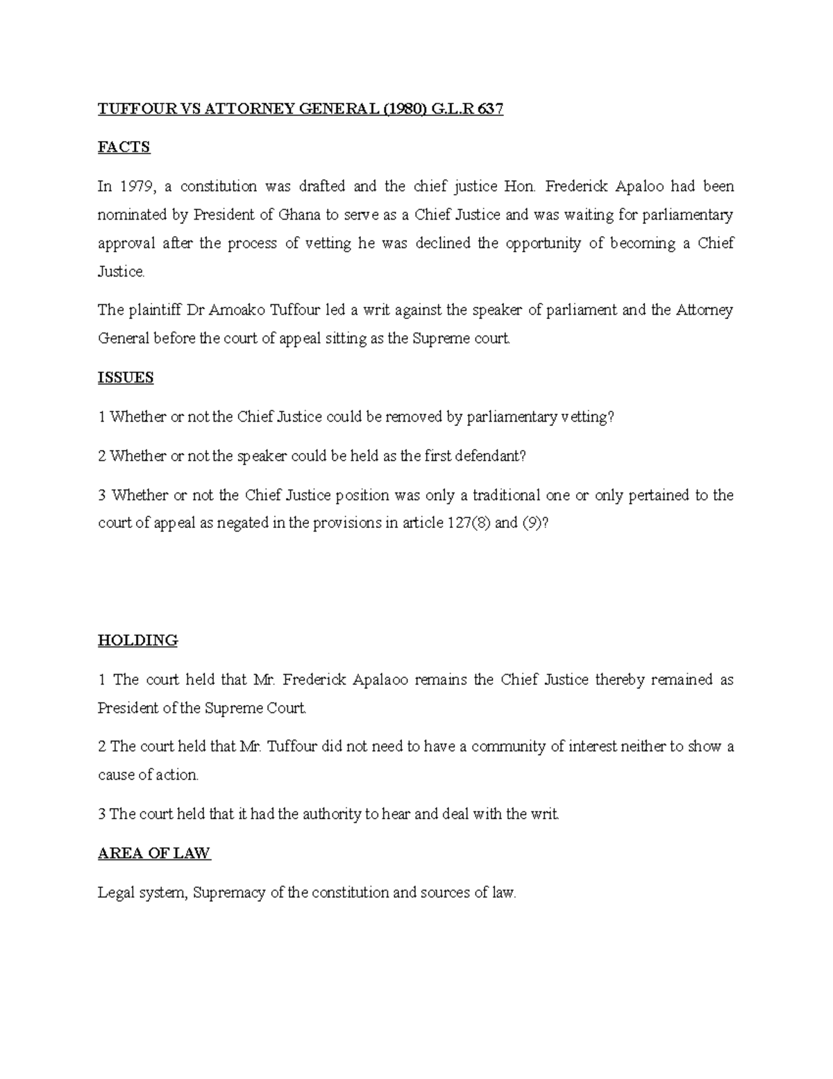 Tuffour VS Attorney General - TUFFOUR VS ATTORNEY GENERAL (1980) G.L ...