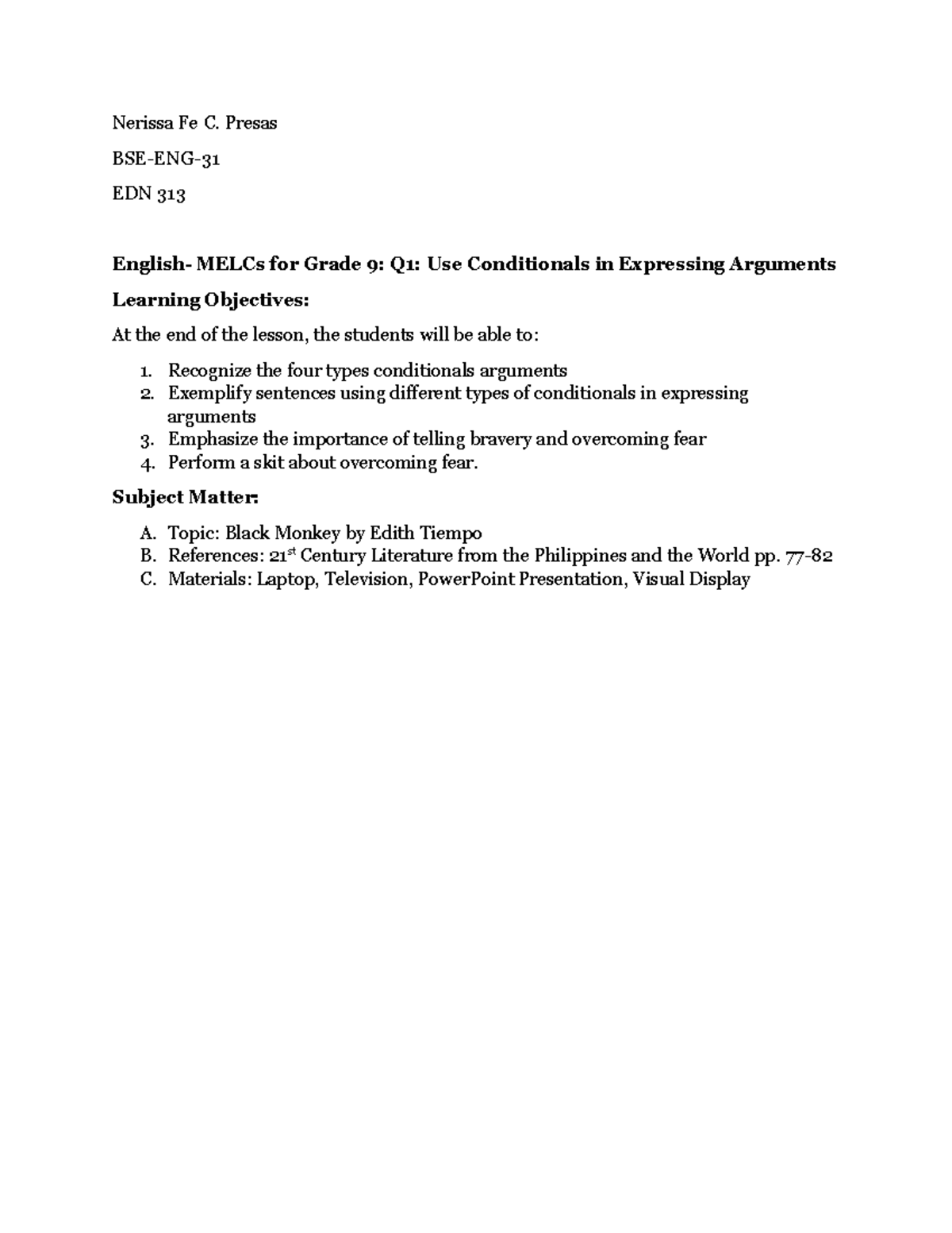 Melcs NERI - Nerissa Fe C. Presas BSE-ENG- EDN 313 English- MELCs for ...