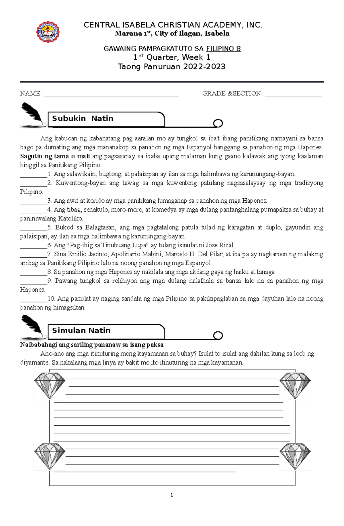 Activity Sheet - Mga Pagsasanay - CENTRAL ISABELA CHRISTIAN ACADEMY ...