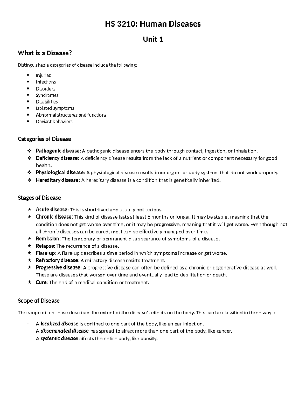 HS 3210 Notes - Unit 1 - HS 3210: Human Diseases Unit 1 What is a ...