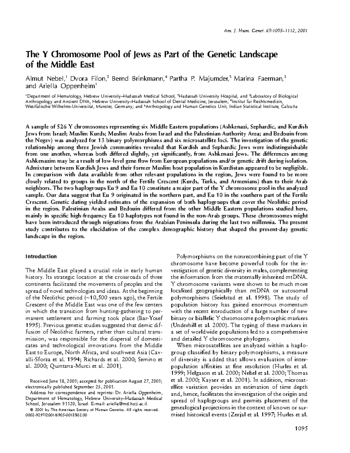 Genetic Notes Middle East - Am. J. Hum. Genet. 69:1095–1112, 2001 1095 ...