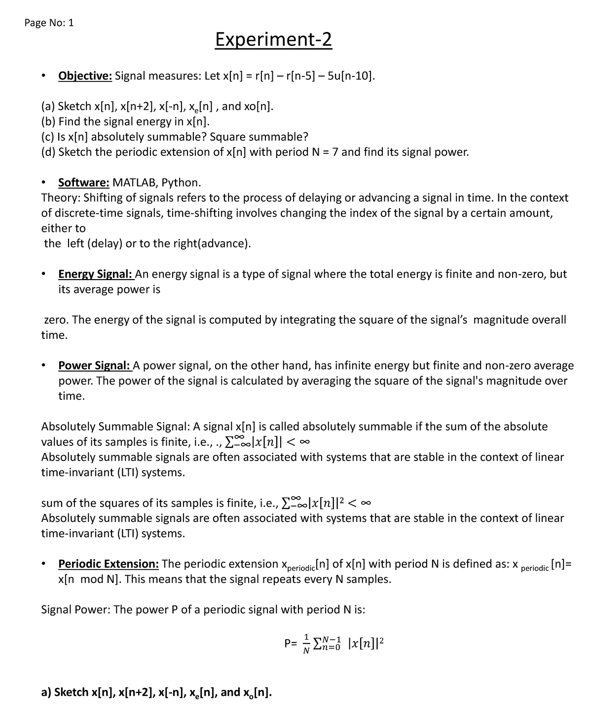 Sp new 2 pdf - inportant - Objective: Signal measures: Let x[n] = r[n] – r[n-5] – 5u[n-10]. (a ...